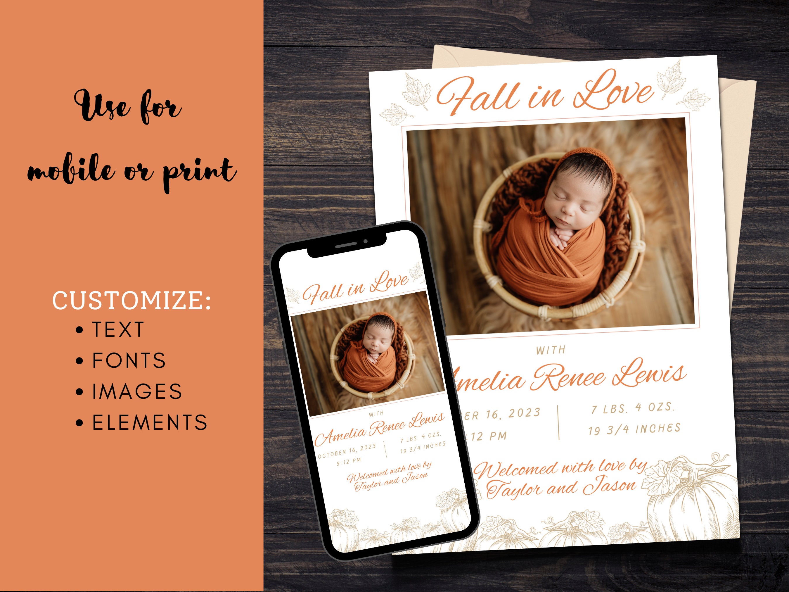 Fall Birth Announcement Cardpumpkin Birth Announcement Cardgender ...