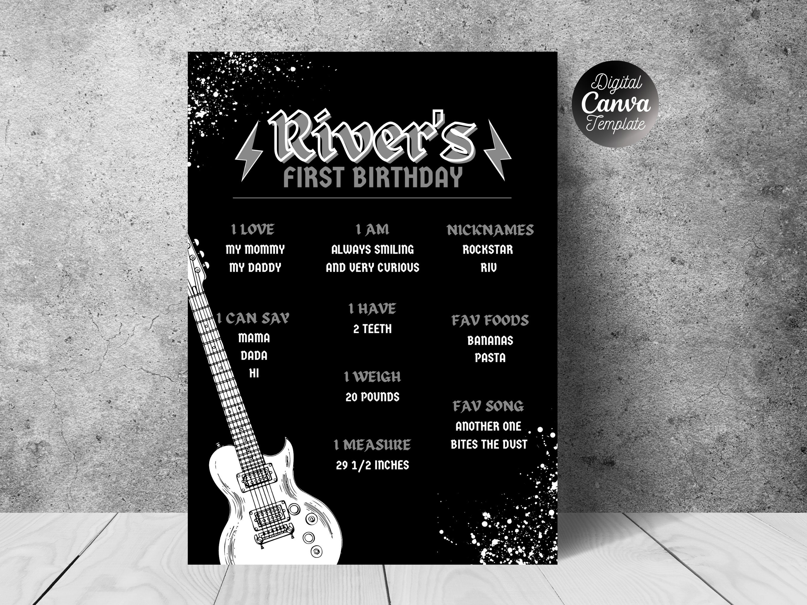 Rock N Roll 1st Birthday Milestone Poster | Guitar Decor (editable ...