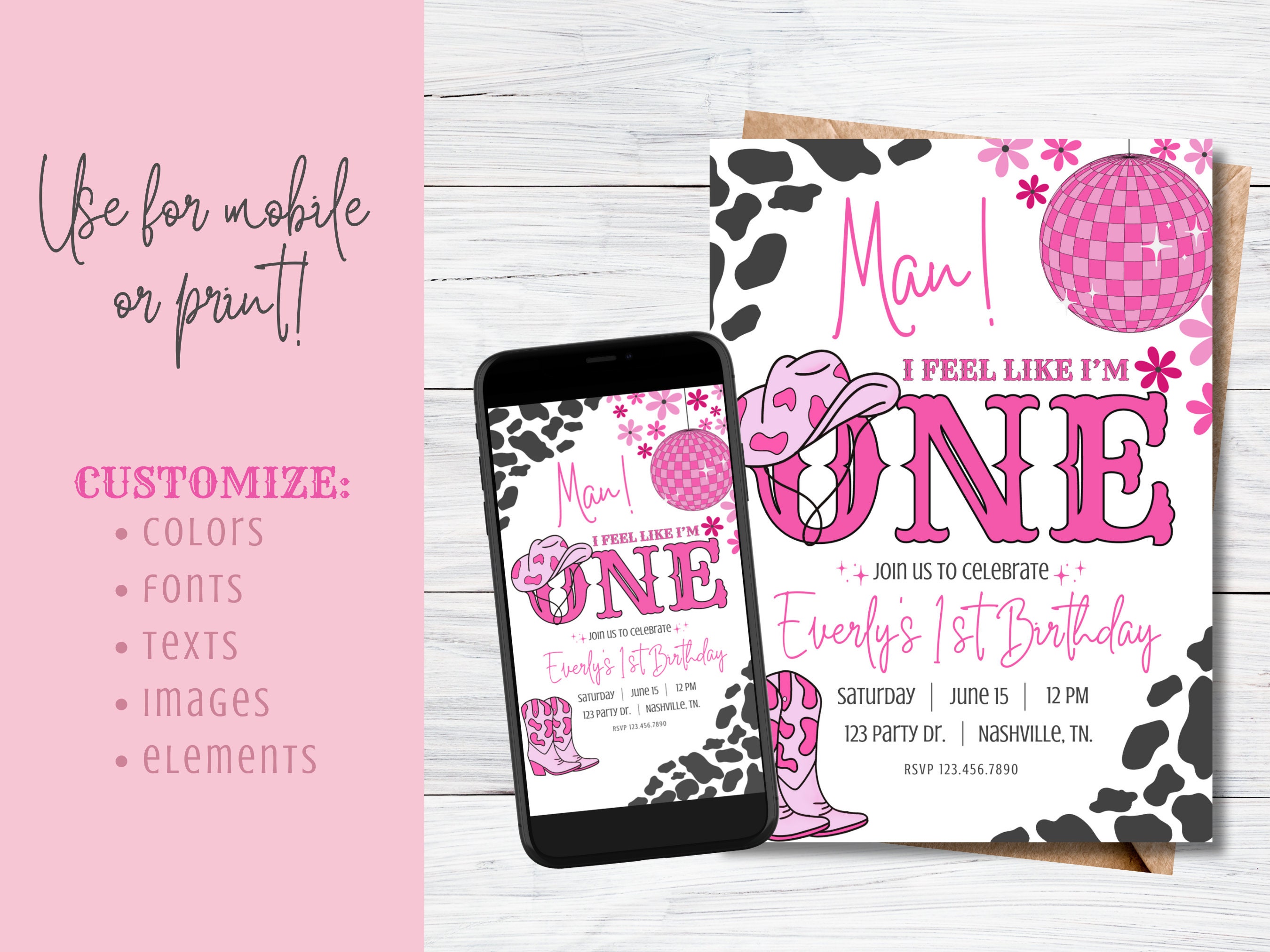 Man I Feel Like I'm One 1st Birthday Invitation | Disco Cowgirl ...