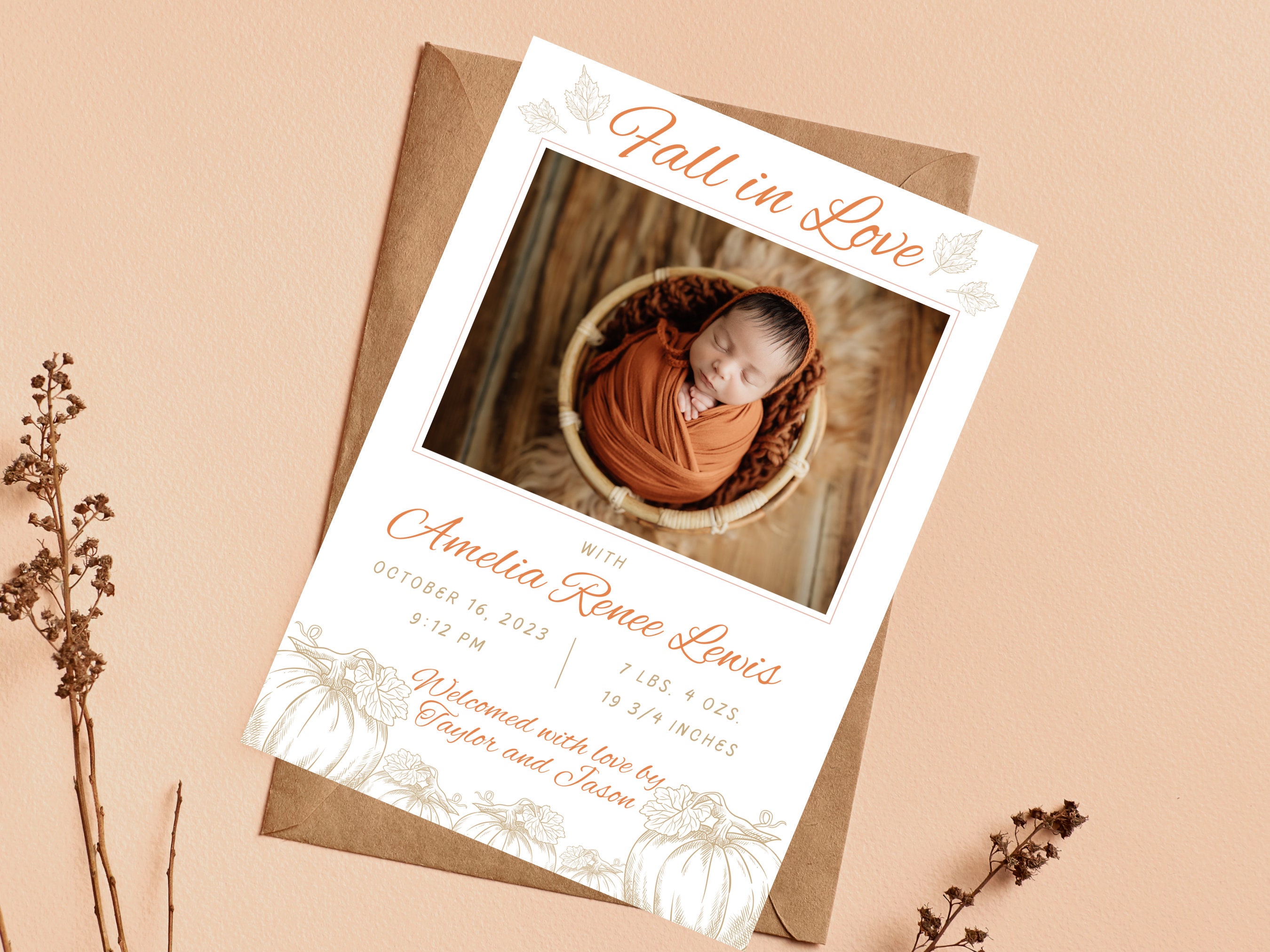 Fall Birth Announcement Cardpumpkin Birth Announcement Cardgender ...
