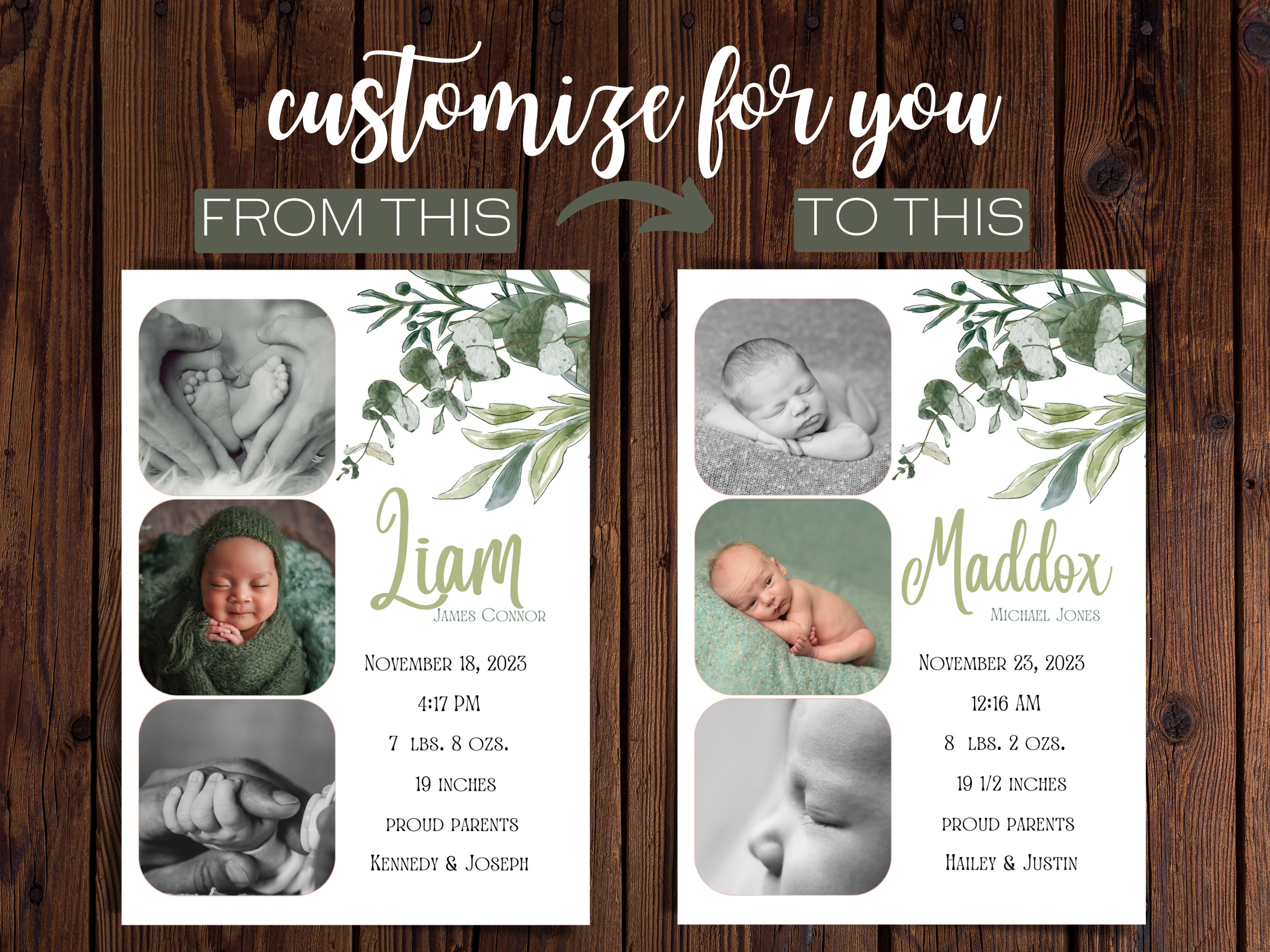 Baby Boy Birth Announcement | Greenery Birth Announcement | Photo Birth ...