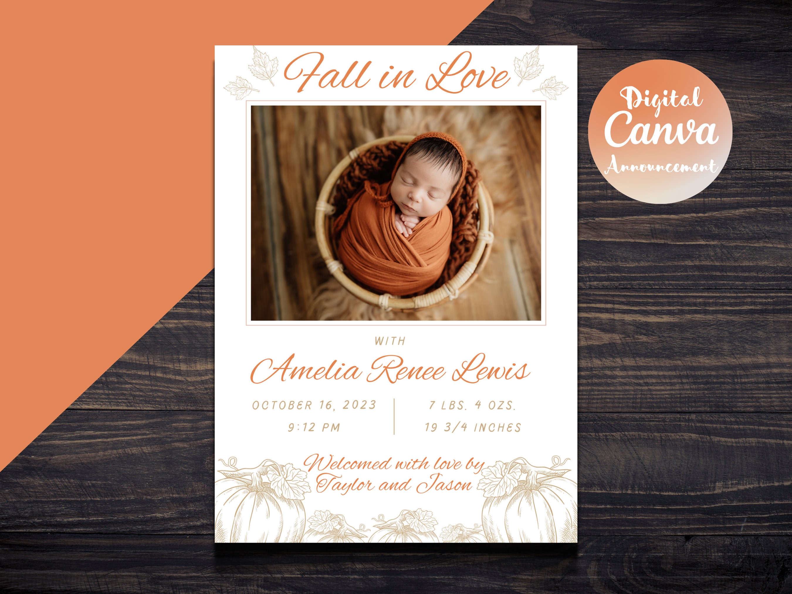 Fall Birth Announcement Cardpumpkin Birth Announcement Cardgender ...