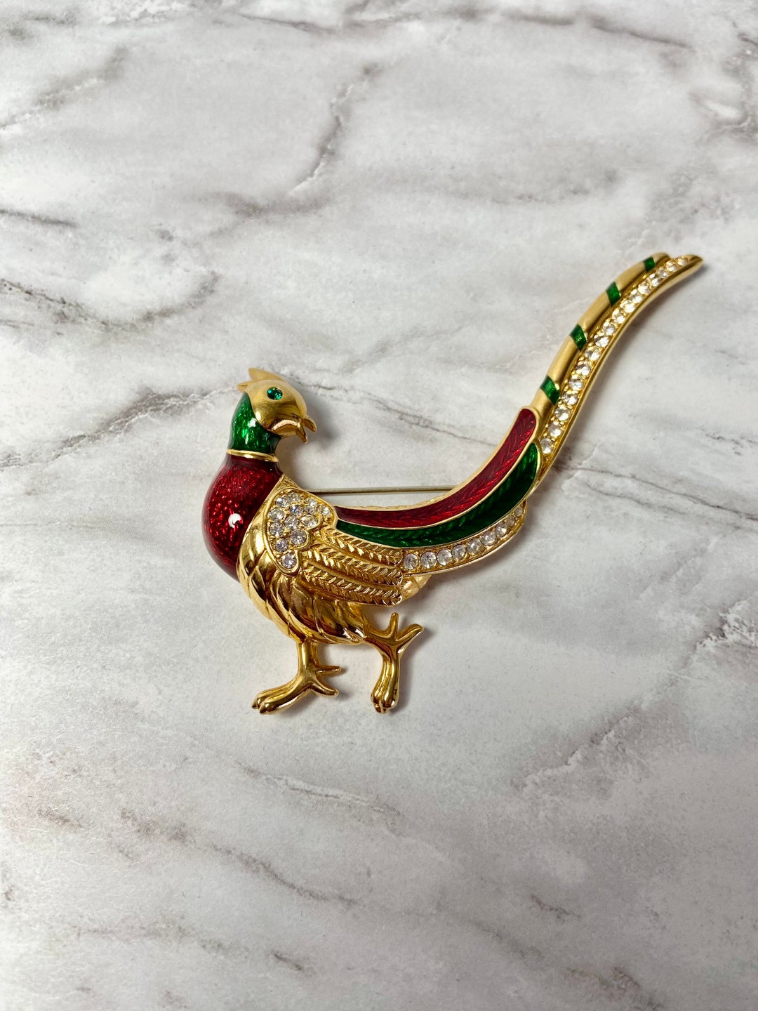 Vintage SWAROVSKI Crystal and Enameled Gold Plated Pheasant Brooch/collectible Jewelry/1970s ...