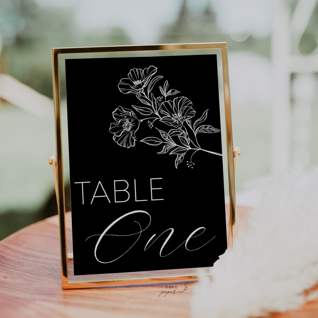 Table Number Sign, Modern Table Numbers, Floral Table Numbers, Black ...