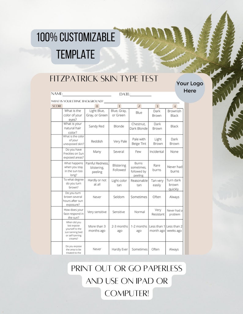 Esthetician Digital Fitzpatrick Skin Type Test Form 100% - Etsy