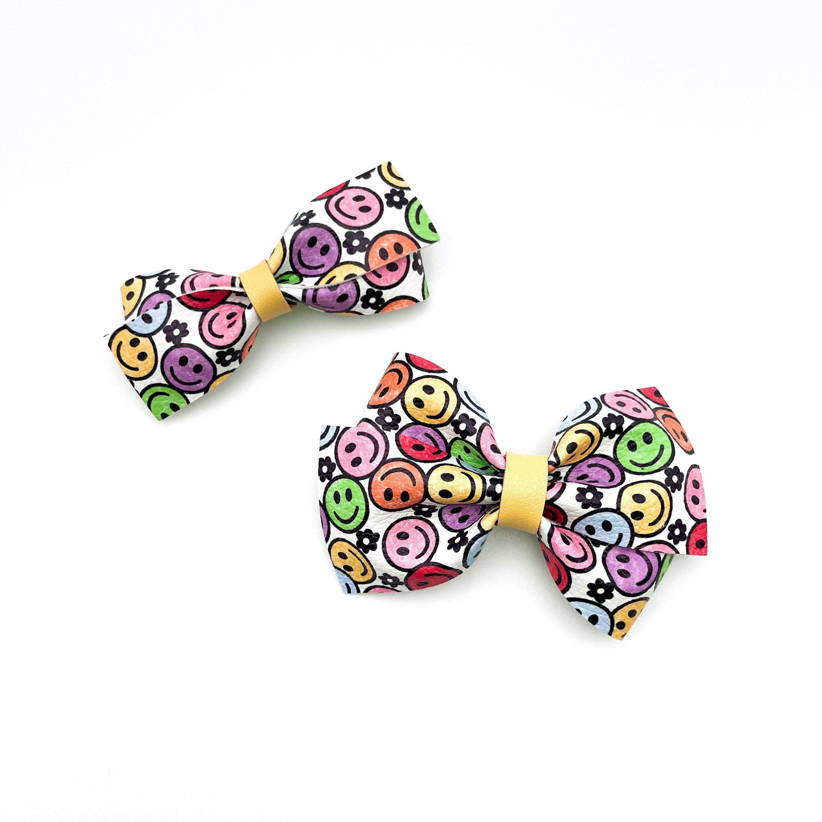Rainbow Smilies Hair Bows, Hair Bows, Faux Leather, Summer, Hair Clips ...