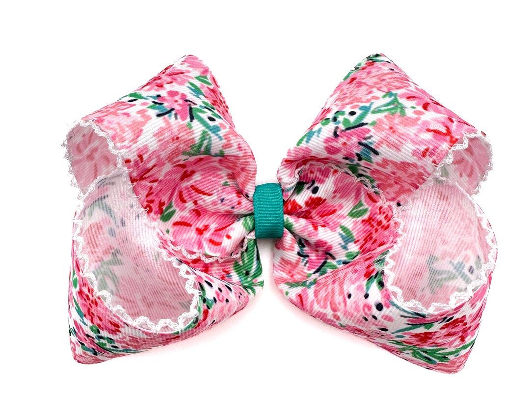 JUMBO Pink Floral Moonstitch Grosgrain Ribbon Hair Bows, Toddler and ...