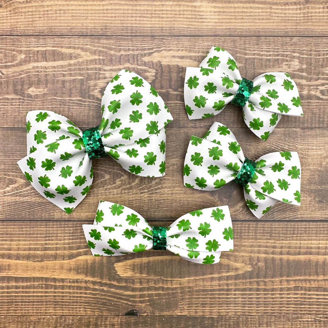 Four-leaf Clover Hair Bows, Faux Leather, Hair Clips, White, Green ...