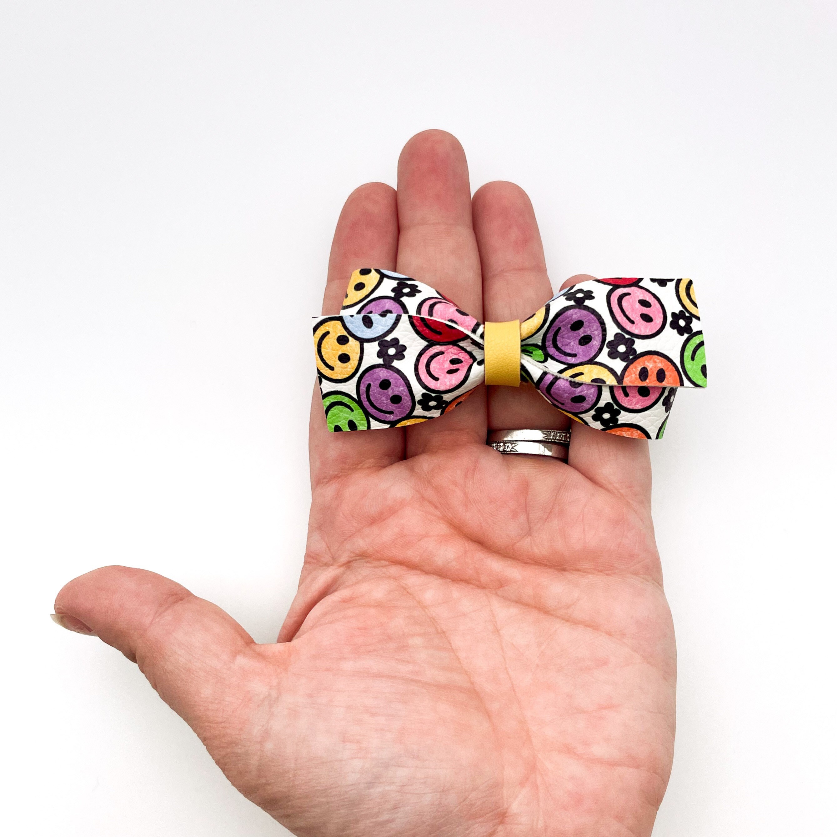 Rainbow Smilies Hair Bows, Hair Bows, Faux Leather, Summer, Hair Clips ...
