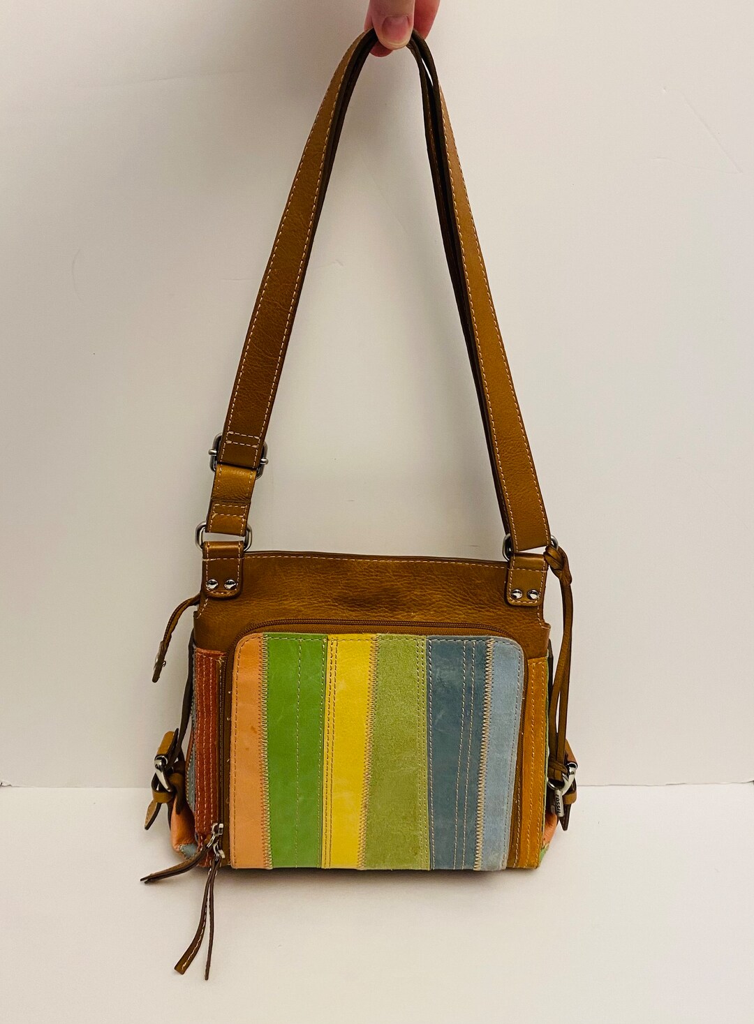 Vintage Fossil Rainbow Color Block Leather Boho Shoulder Bag Purse VGC ...