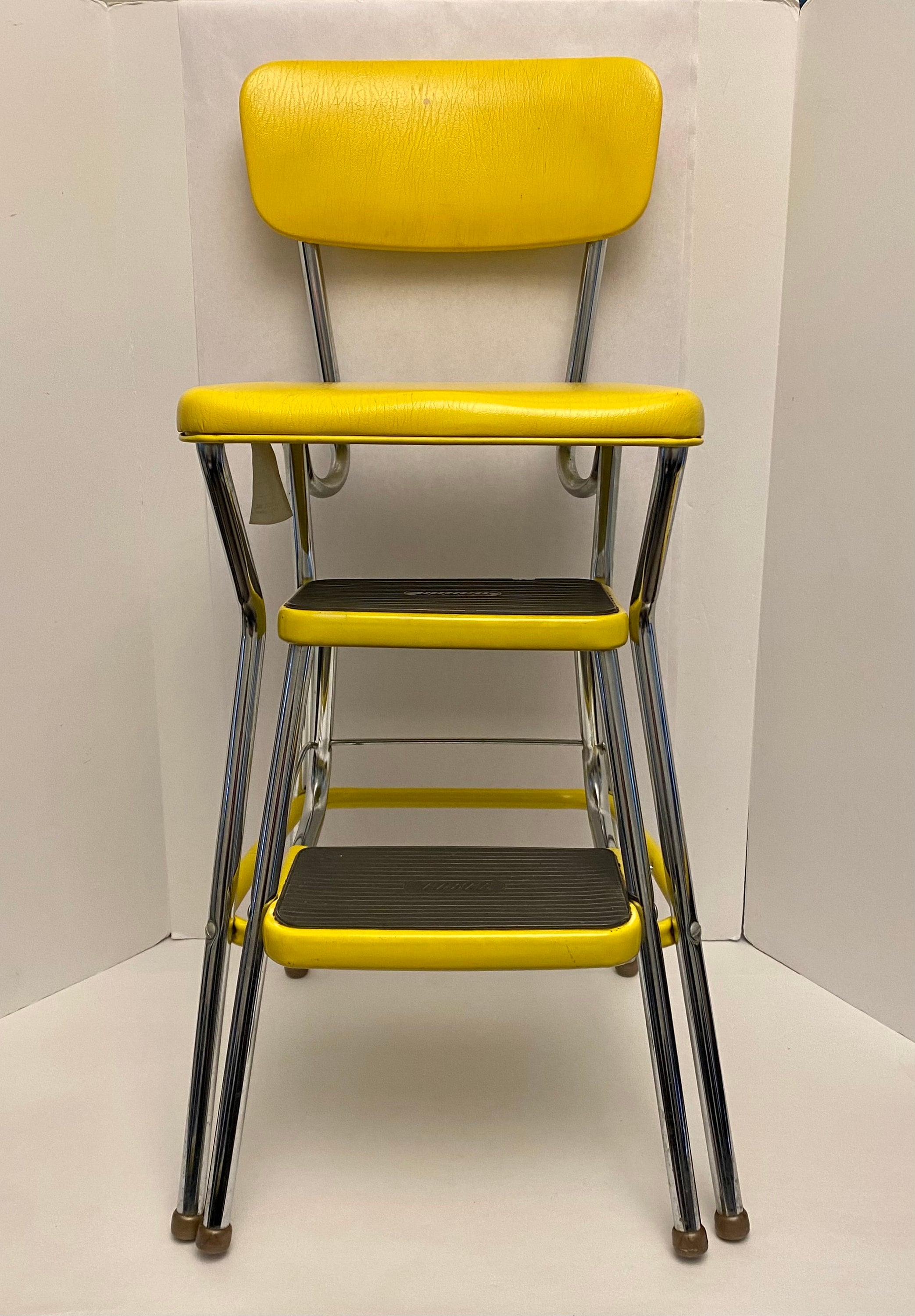 Mid Century Cosco Stylaire Yellow Metal Fold Out Step Stool Chair Chrome Legs