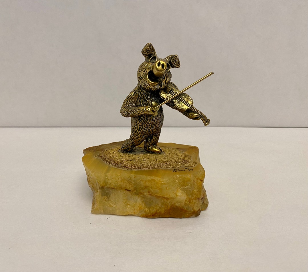 Vintage 1981 Ron Lee Pig Playing Violin Fiddle Sculpture Marble Base ...