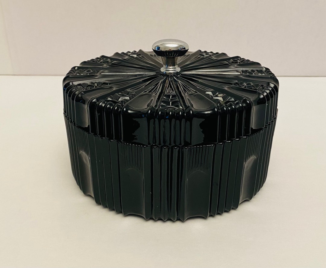Vintage Tiara Glass Black Diamond Cut Round Candy Dish With Lid (rare ...