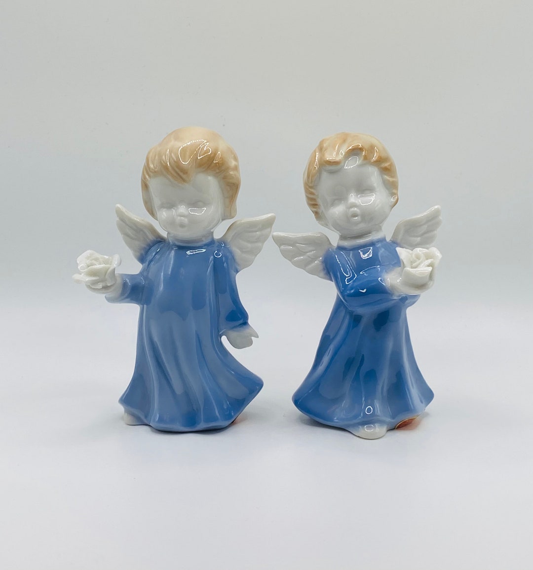 Vintage Lefton Japan Pair of Angels 2 Blue and White Porcelain Cherubs ...