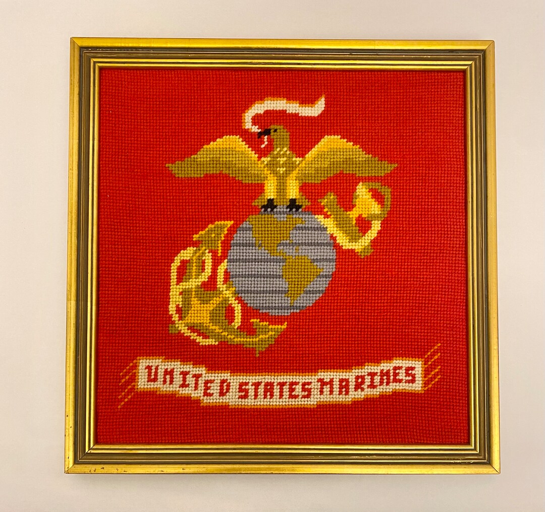 US Marines Corps Framed Cross Stitch USMC Seal in Gold Tone Wood Frame ...