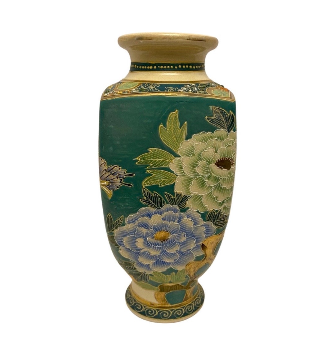 Vintage Porcelain 10 Vase Green Floral Butterfly rare Foreign Hand ...