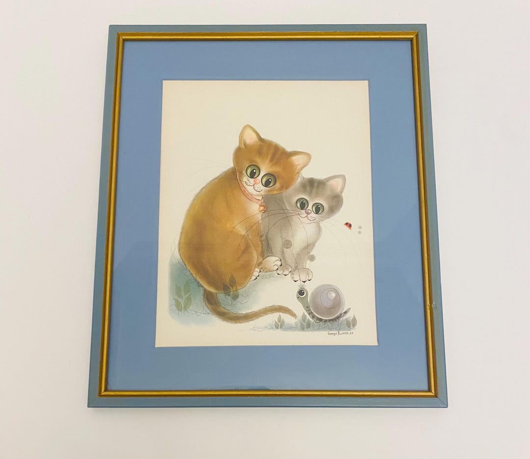 Mid Century George Buckett Framed Big Eyes Cats Mouse & Ladybug Picture ...