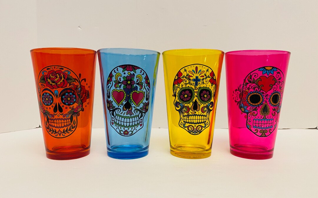 Earthbound Set of 4 Sugar Skull Drinking Glasses Multicolored Day of ...