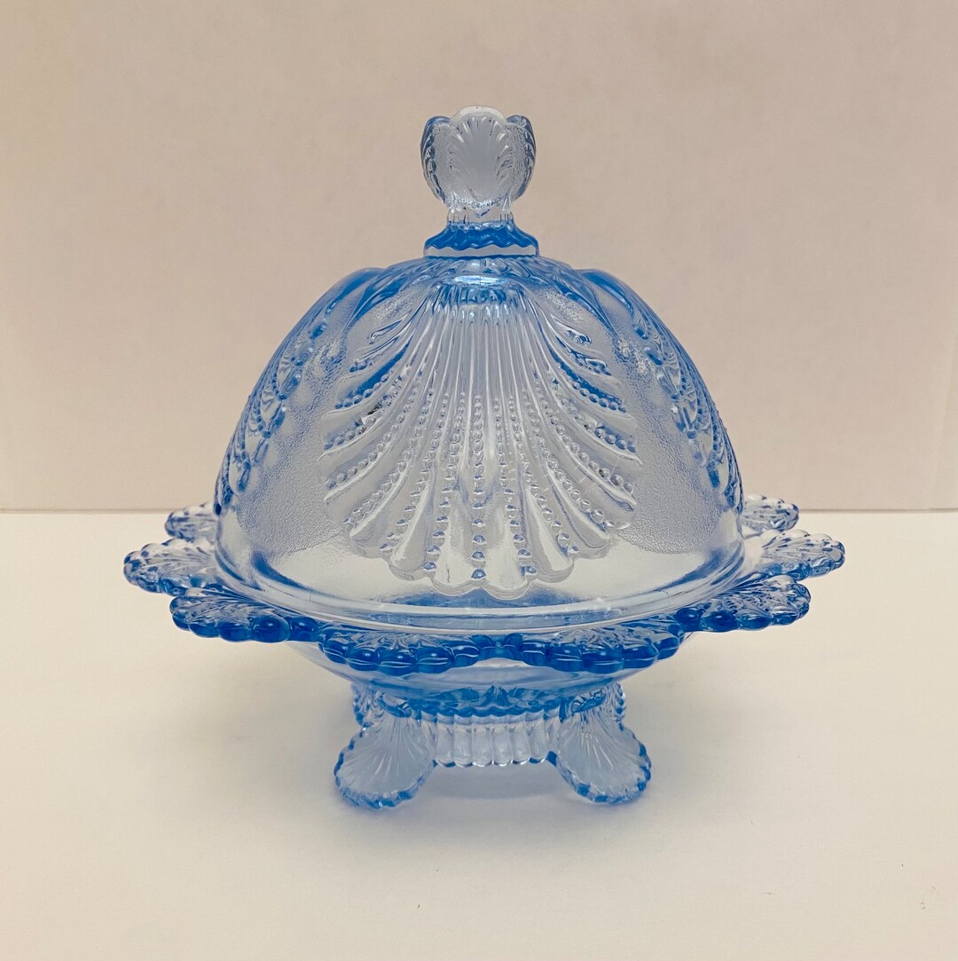 Vintage Mosser Cambridge Blue Glass Shell Embossed Footed Butter Dish ...