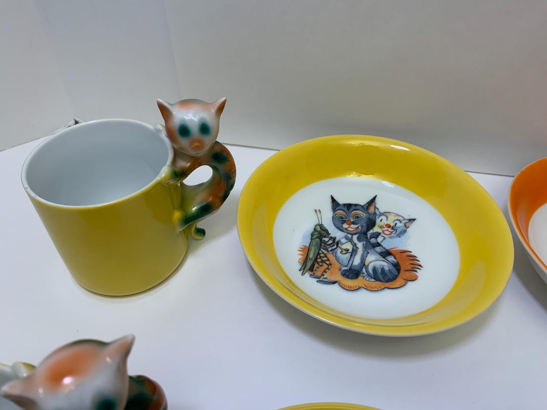 Antique 1920 BEYER & BOCK Mug W/ Cat Handle and Bowl Set GERMANY Yellow ...