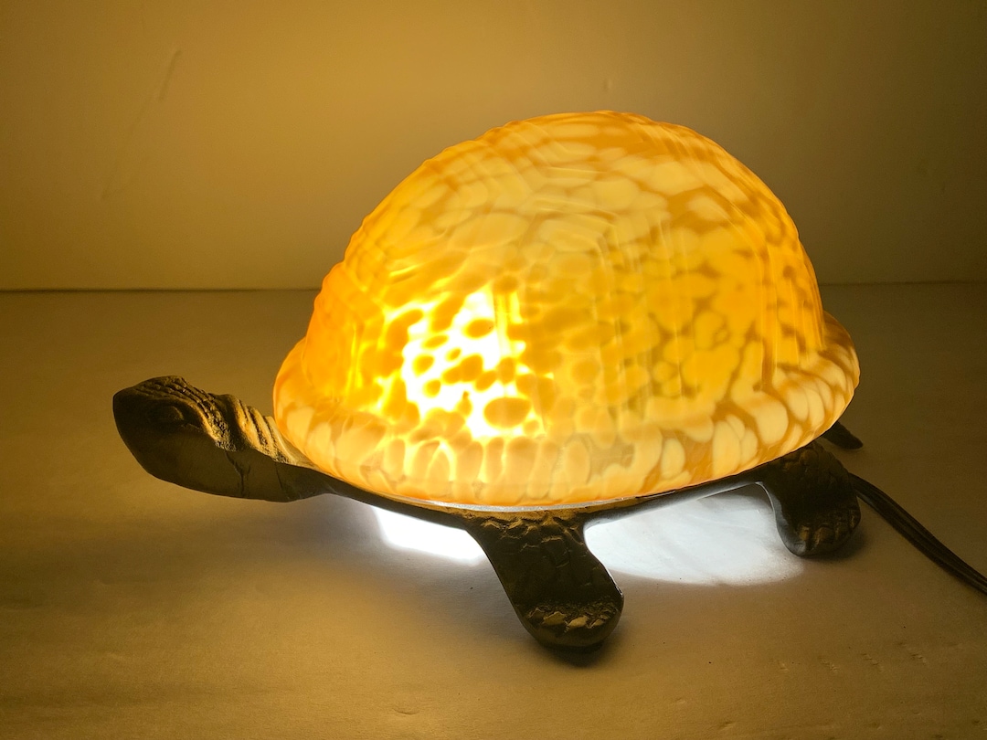 Vintage Tiffany Style Amber Glass Turtle Table Lamp Metal Base ...