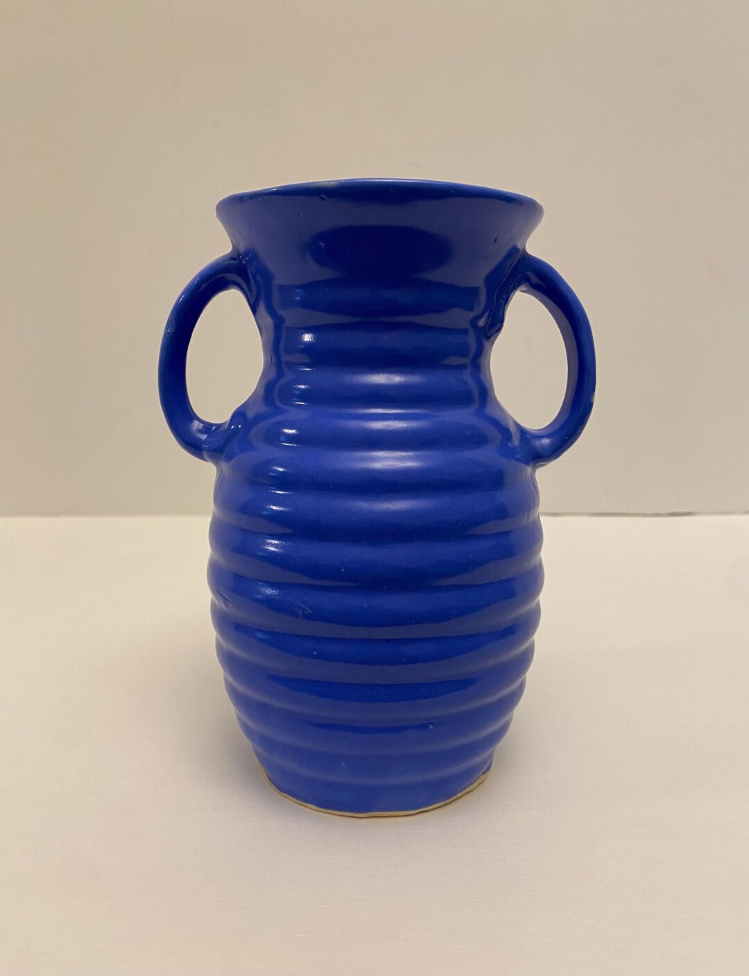 Vintage 1911-1940 Nelson Mccoy Double Handle Ribbed Blue 6 Tall Vase ...
