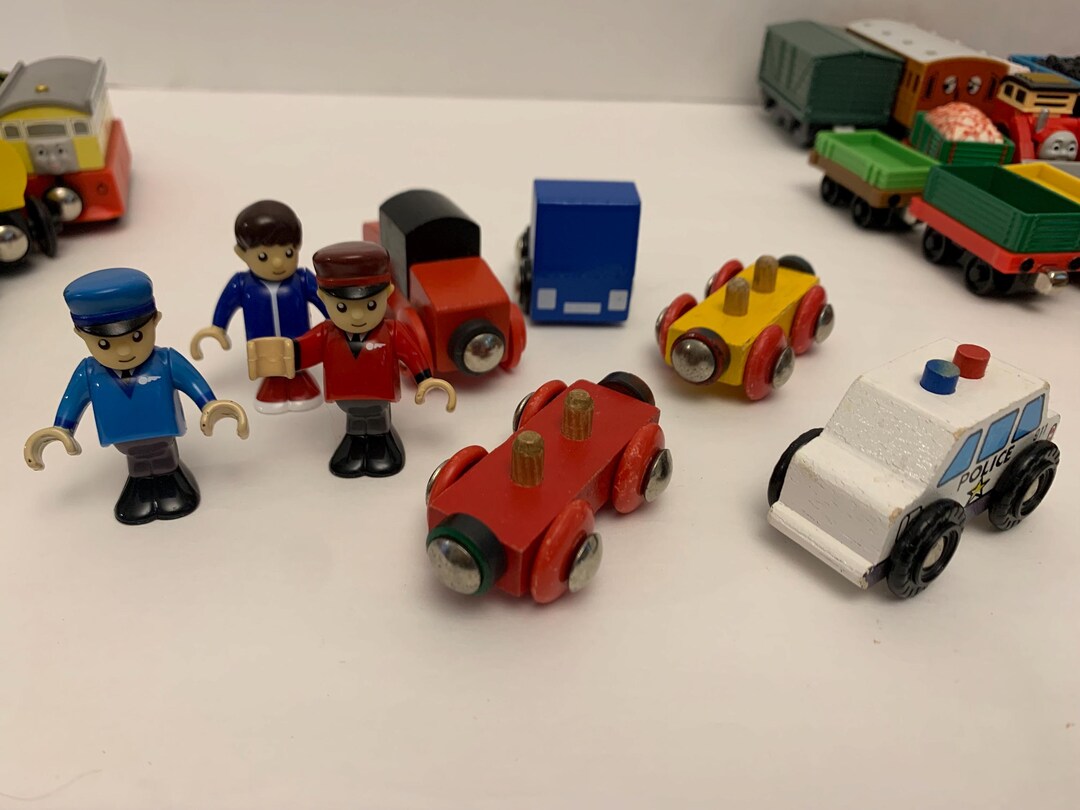 Vintage Brio Wooden Train Pieces and Red and Blue Action Figures Train ...