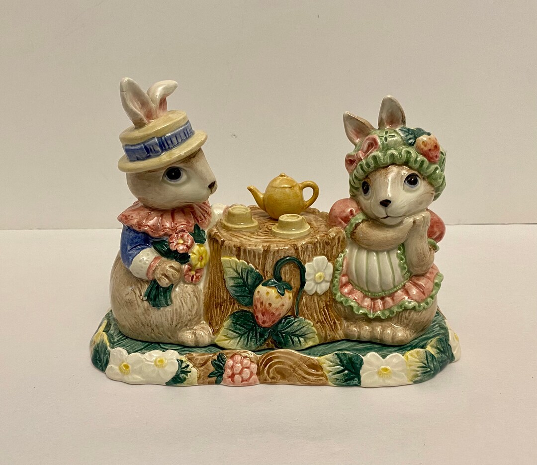 Vintage Fitz and Floyd Bunny Rabbit Tea Party Covered Butter Dish 1991 ...