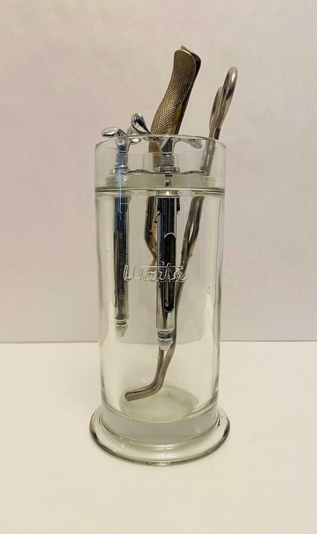 Vintage Waite Laboratories Inc NY Glass Dental Tool Cleaning Jar W/4 ...