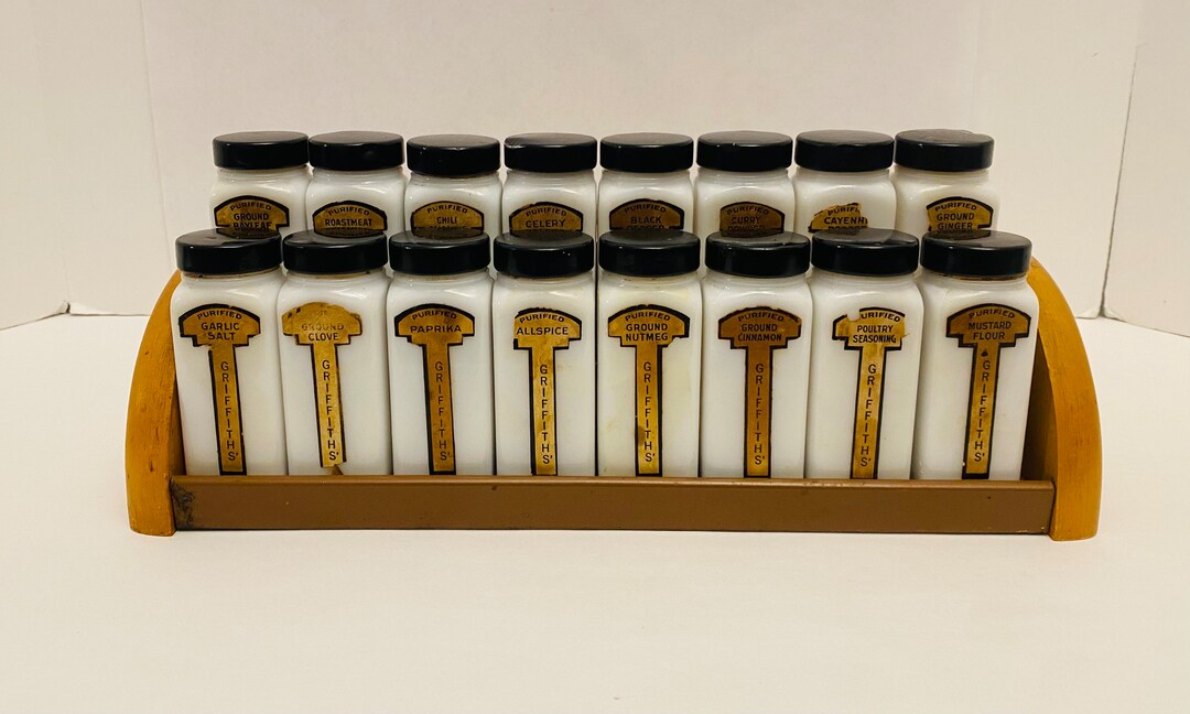 Vintage Black Label Griffith Milk Glass Jars Spice Set of 18 With Metal ...