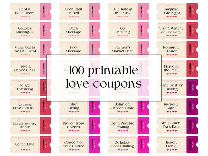 100 Printable Love Coupons - Romantic Gift for Couples, Valentine's Day ...