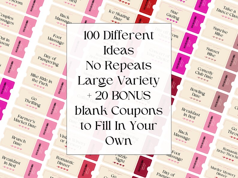 100 Printable Love Coupons Romantic Gift for Couples, Valentine's Day ...