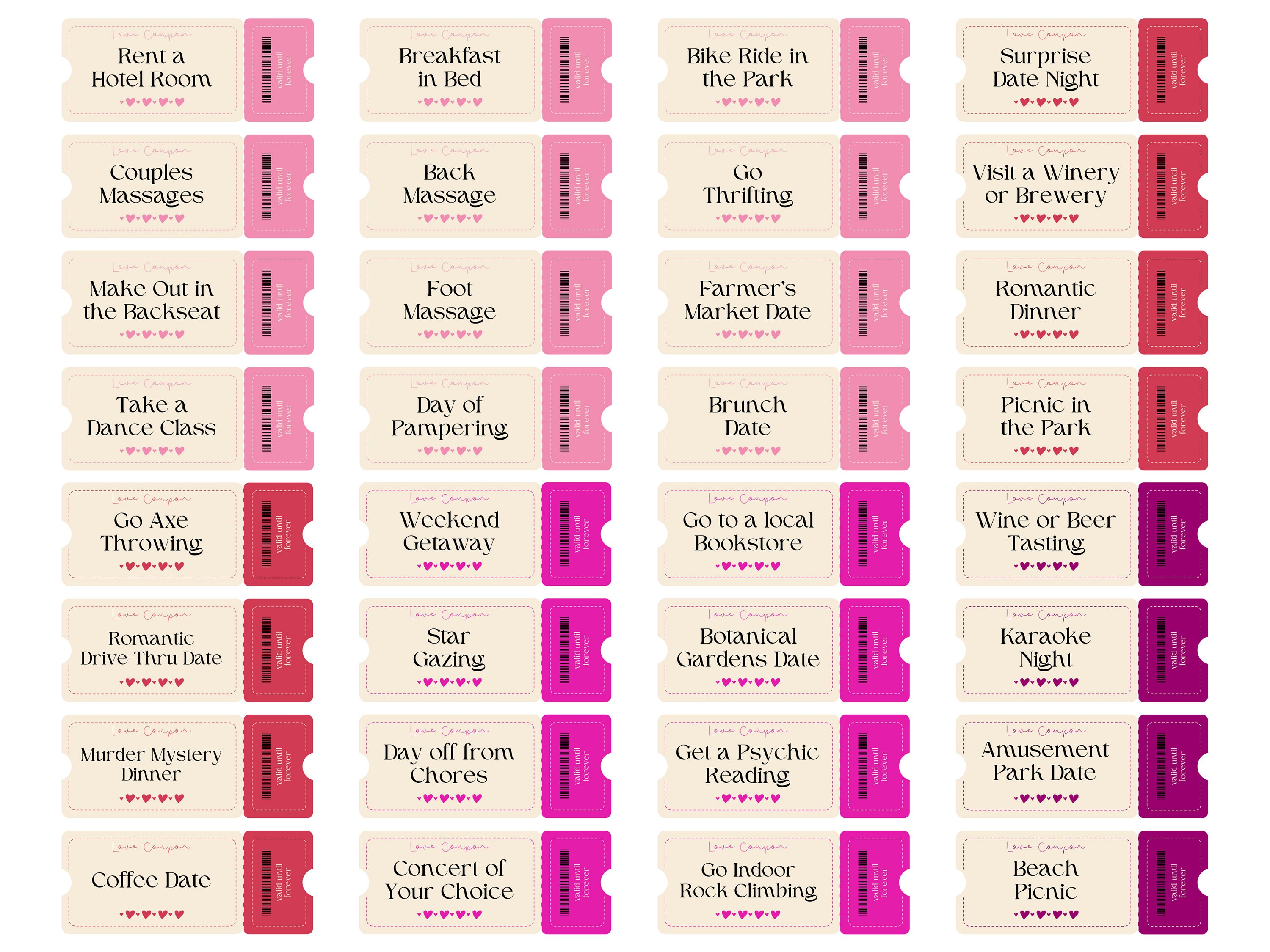 100 Printable Love Coupons Romantic Gift for Couples, Valentine's Day ...