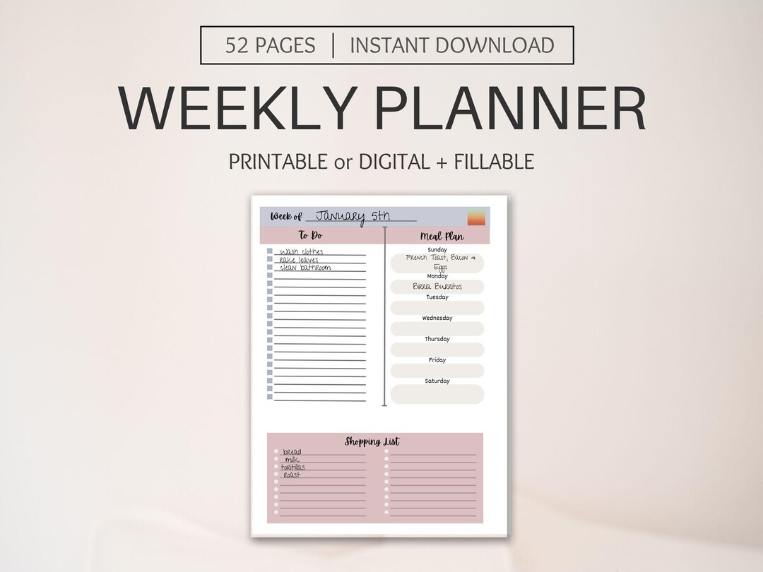 Weekly Planner Printable or Digital and Fillable, Weekly Schedule, Week ...
