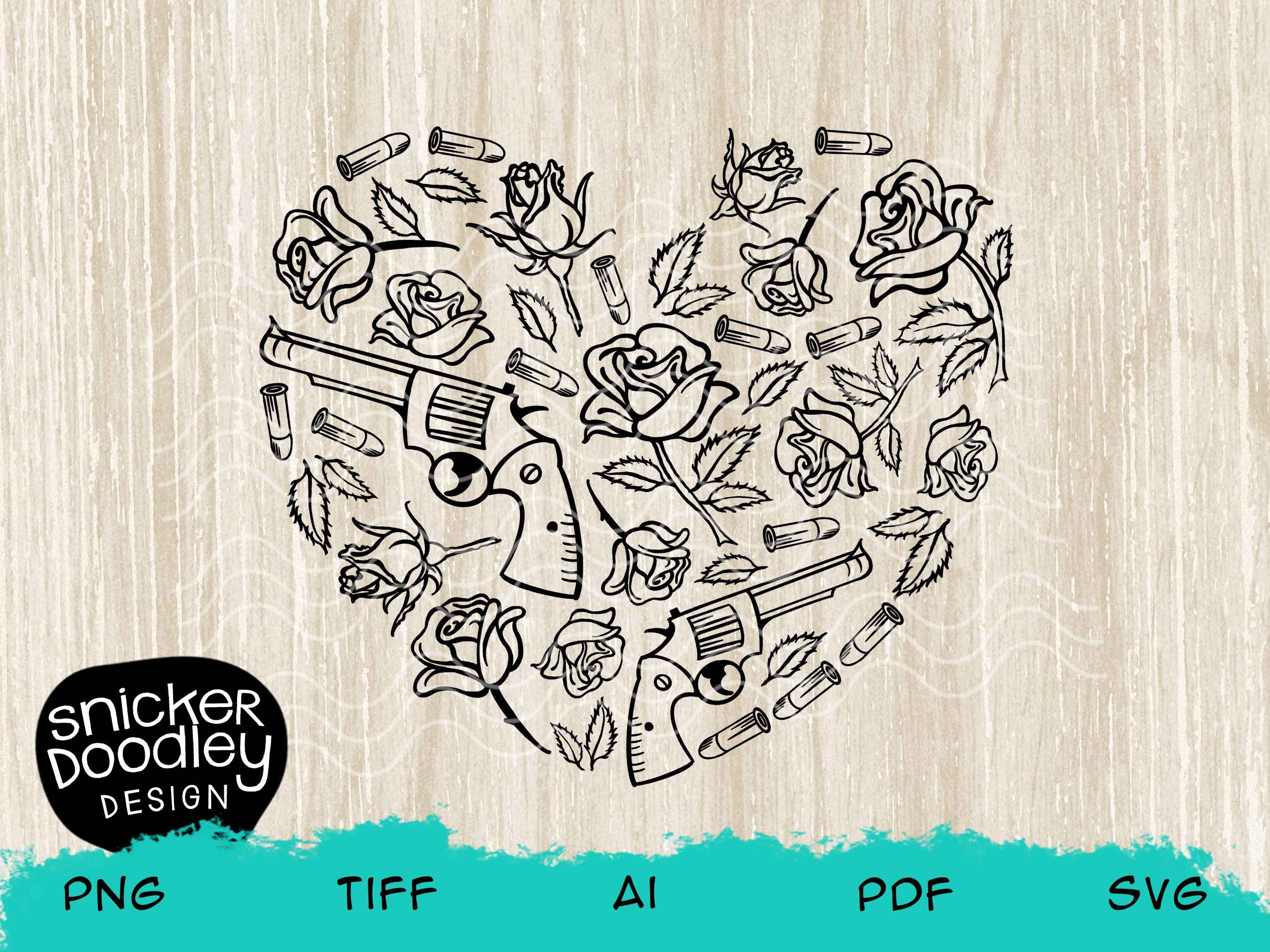 Doodled Guns and Roses Love Heart, SVG Cut Files for Cricut ...