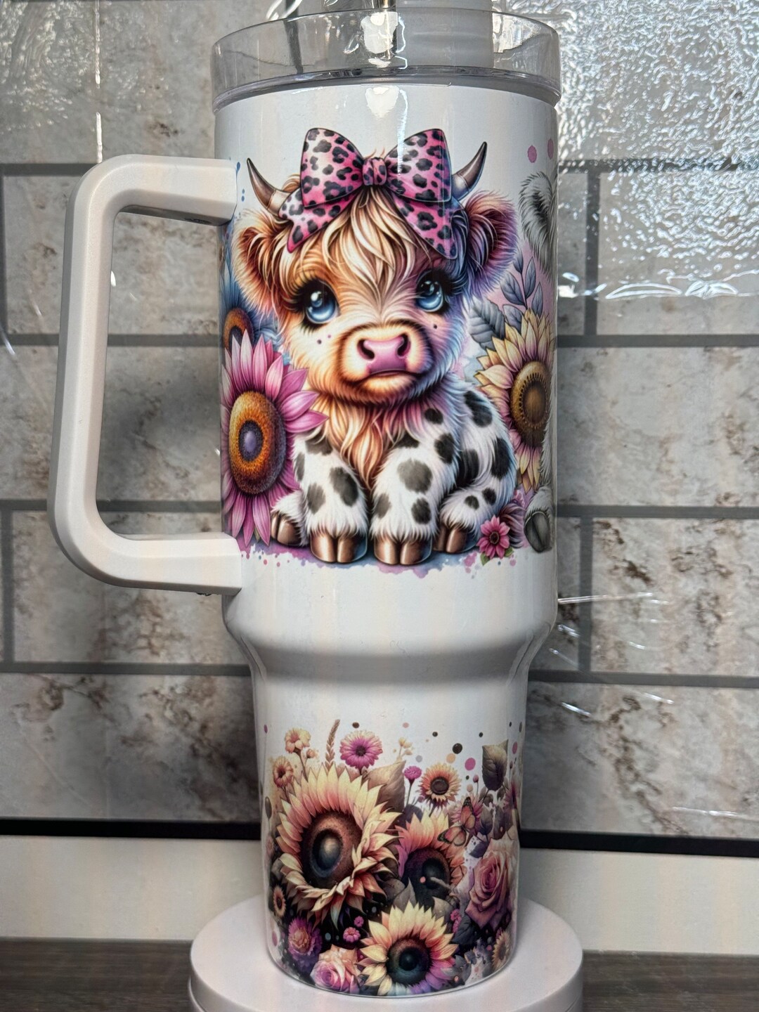 Baby Highlander Tumbler, 40 Oz Handled Tumbler. Flowers and Baby Cow ...