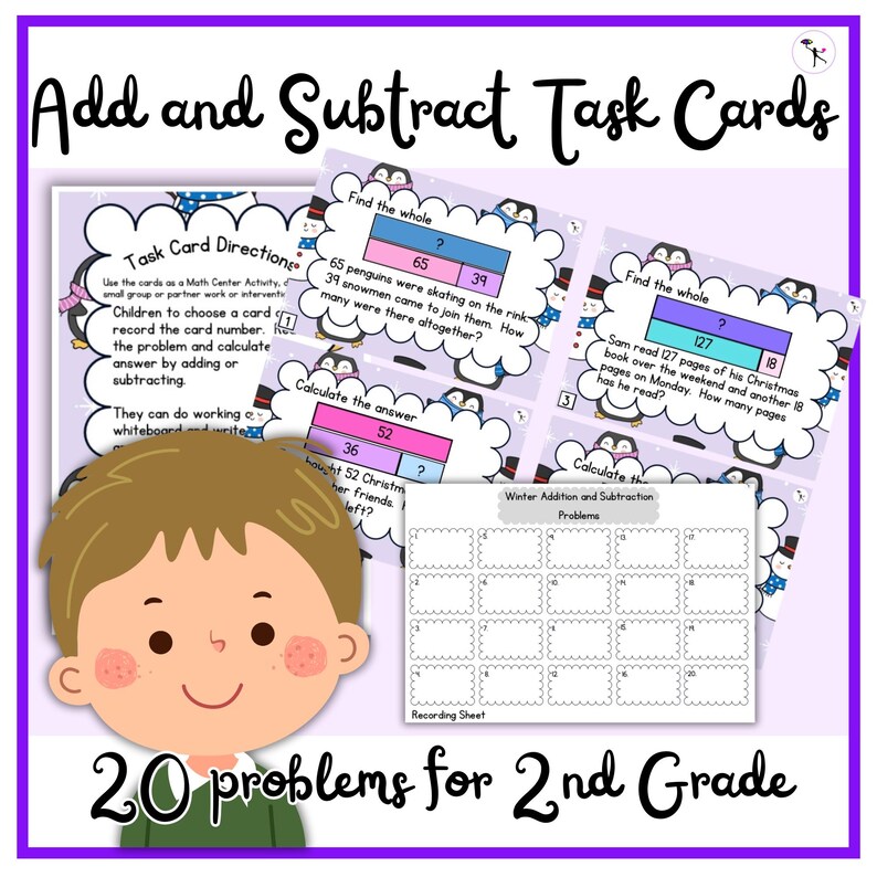 Second Grade Math Word Problem Task Cards for Center Activities - Etsy