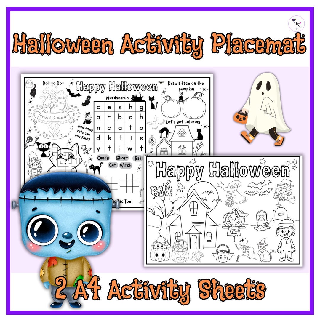 Halloween Coloring Page Spooky Kids Activity Placemat With Coloring and ...