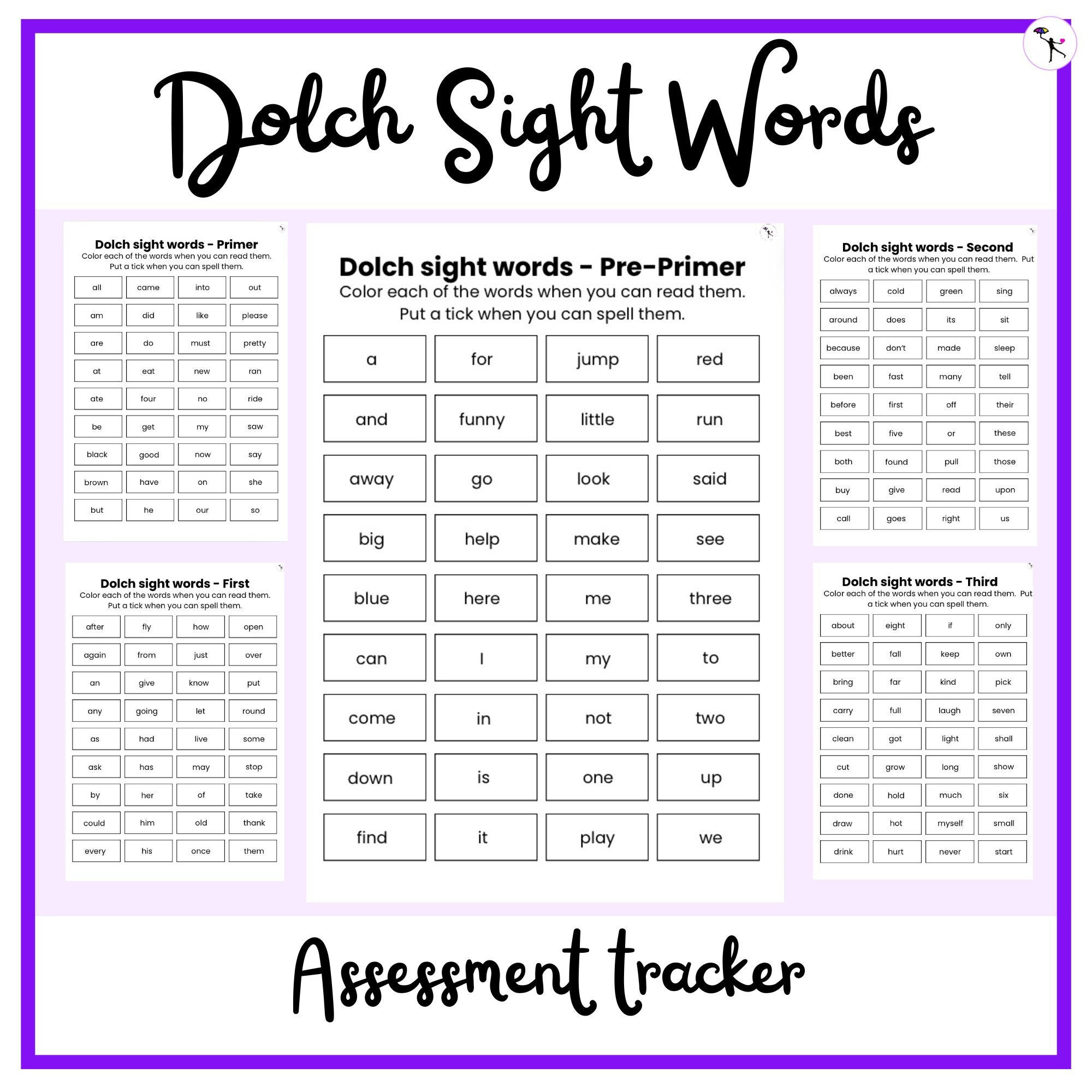 Dolch Sight Words Assessment: Printable High Frequency Reading Sheets ...