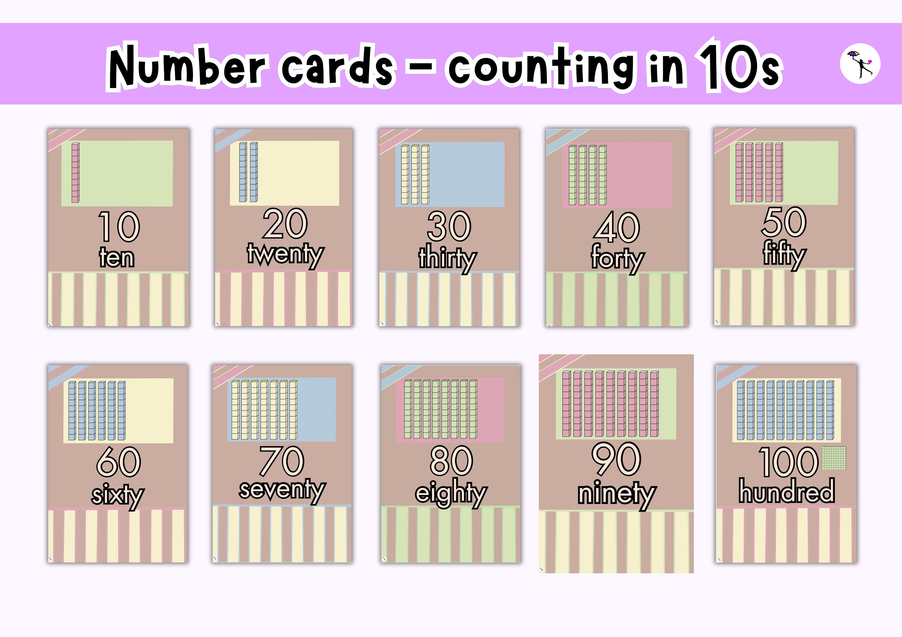 Number Cards Counting in 10s: Printable Flashcards Classroom Theme ...