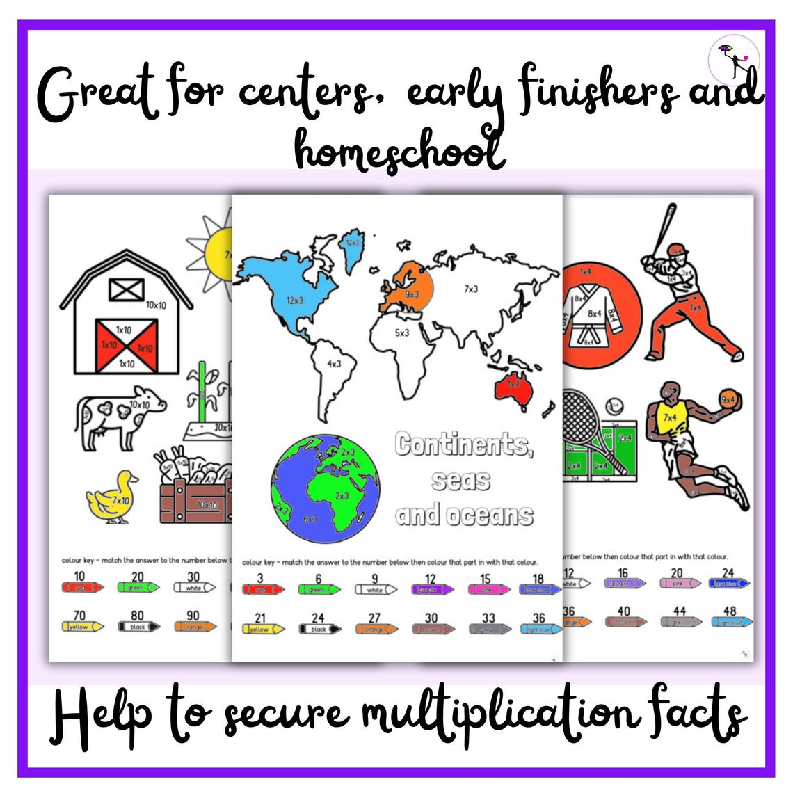 Elementary Math Multiplication Colour by Number Worksheets Printable ...