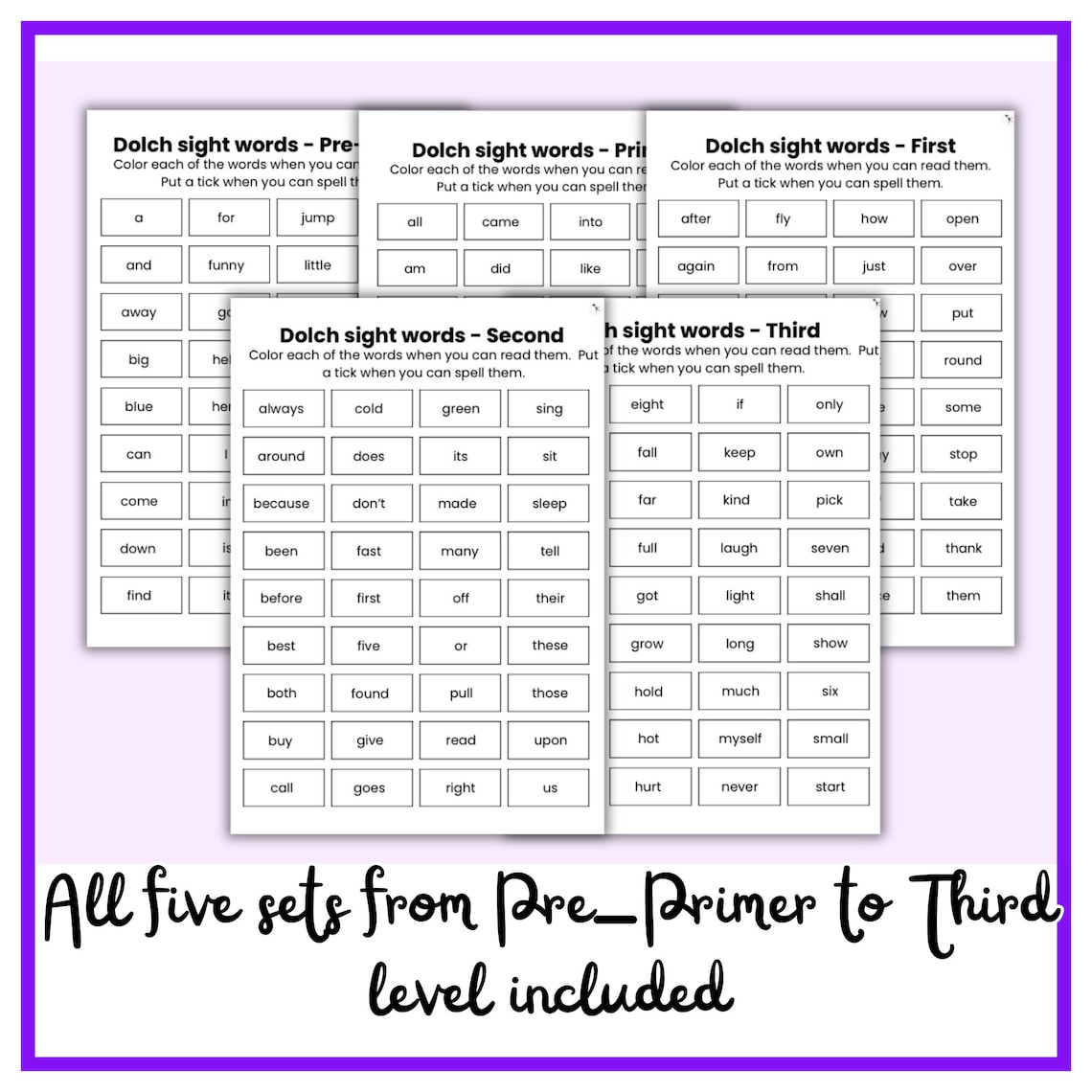Dolch Sight Words Assessment: Printable High Frequency Reading Sheets ...
