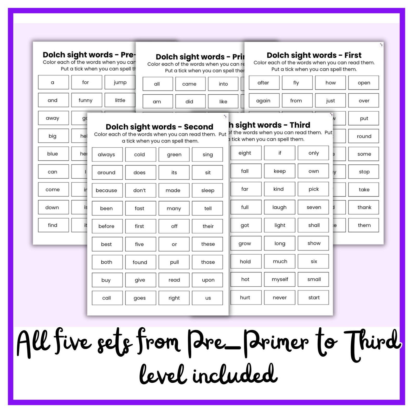 Dolch Sight Words Assessment: Printable High Frequency Reading Sheets ...