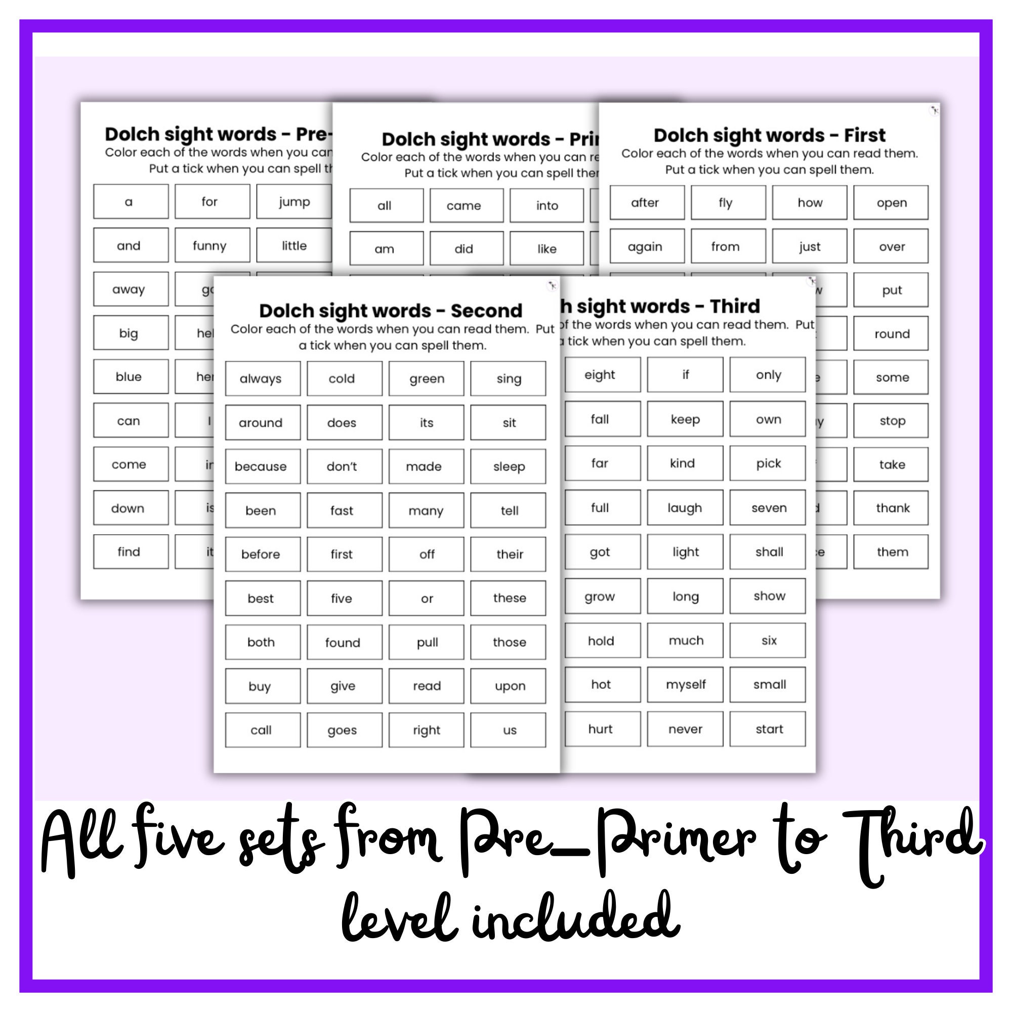 Dolch Sight Words Assessment: Printable High Frequency Reading Sheets ...
