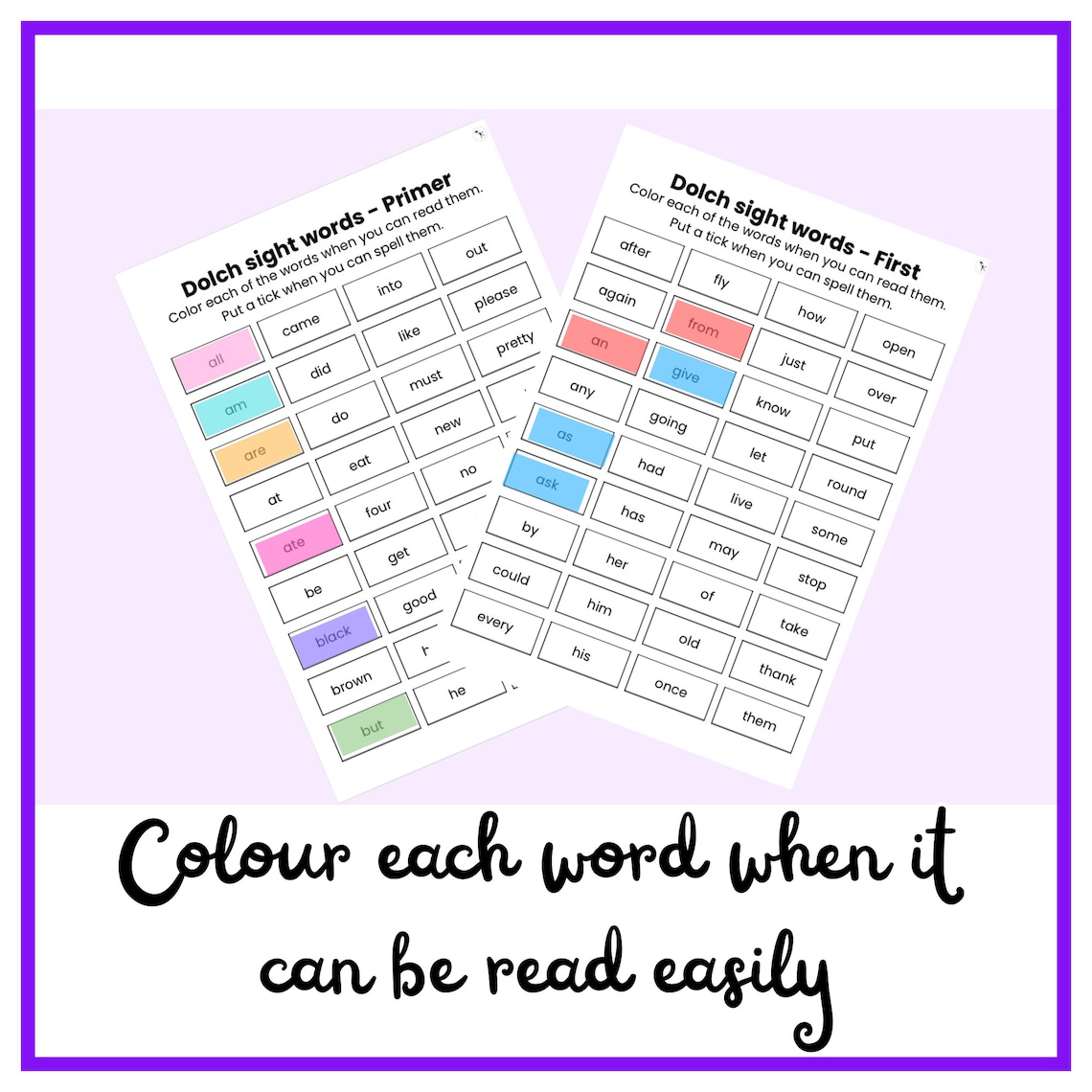 Dolch Sight Words Assessment: Printable High Frequency Reading Sheets ...