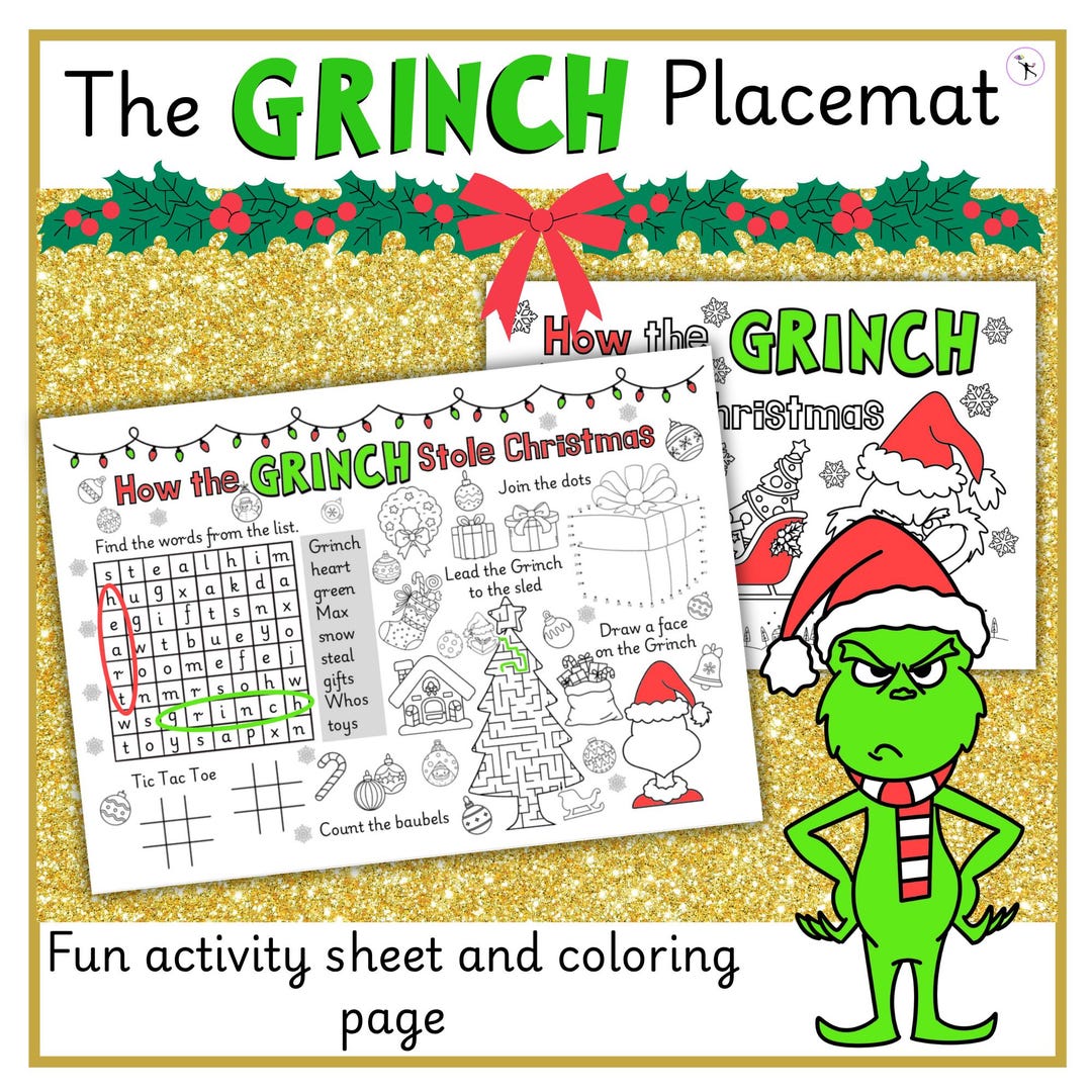 The Grinch Day Activity Placemat and Coloring Page for 1st - 3rd Grade ...