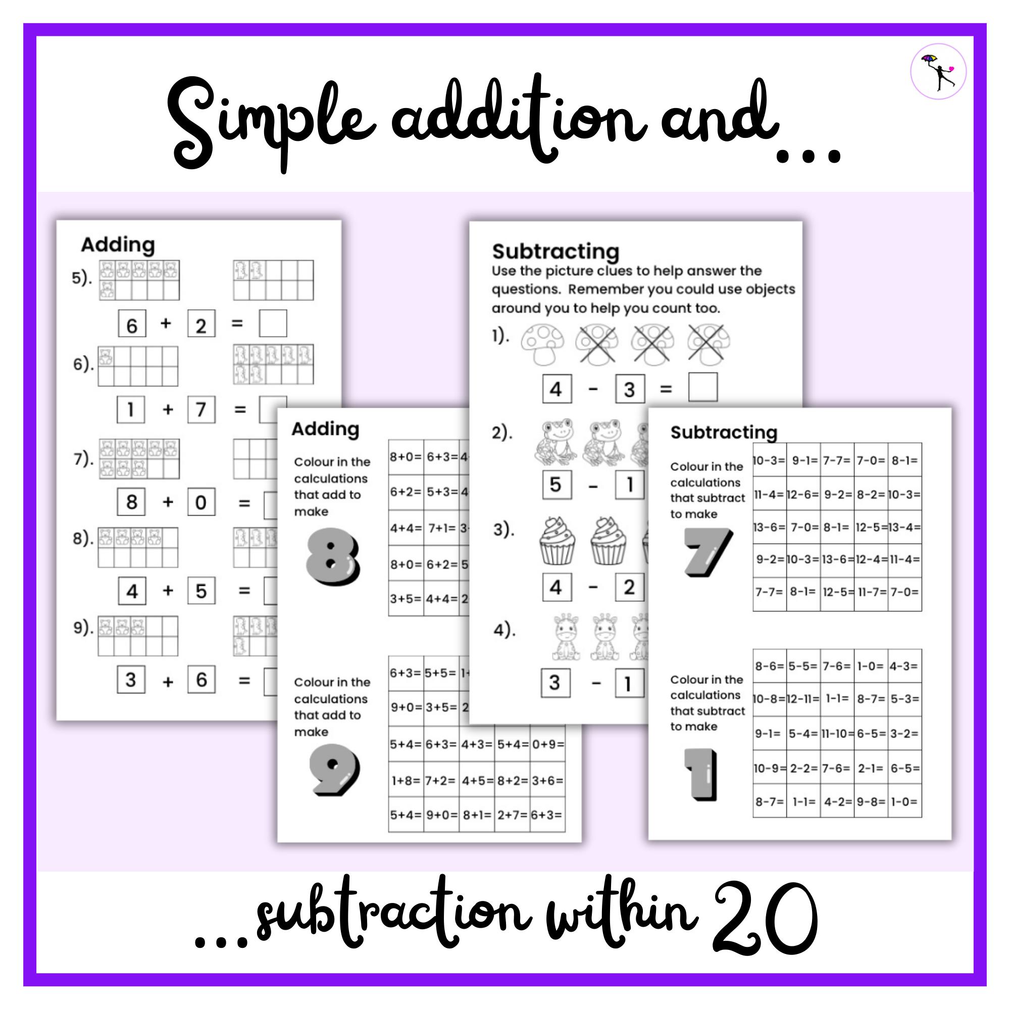 Math Worksheets for Counting, Tracing, Addition, and Subtraction for ...