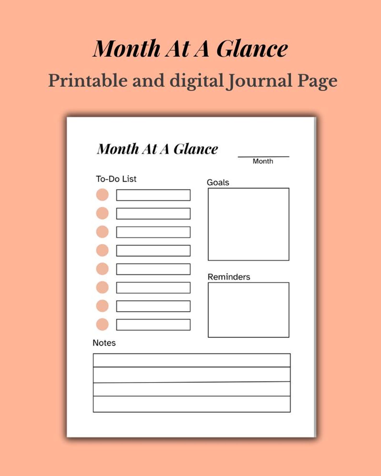 Month at A Glance - Printable Journal Page - Digital Download - Etsy