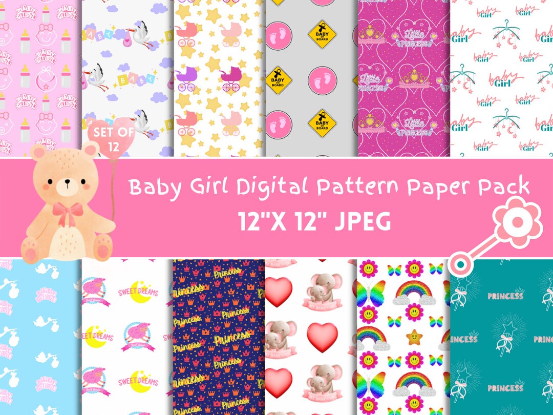 Baby Girl Digital Paper Pattern Pack Set of 12 - Unique Patterns for ...