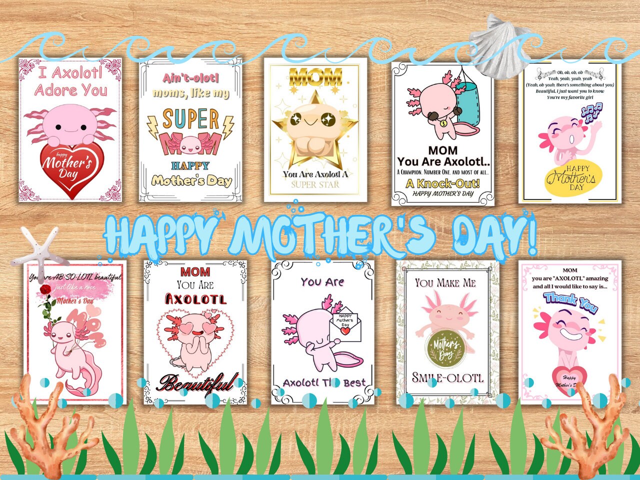 Printable Axolotl Mother's Day Cards, Mother's Day Cards for Kids and ...